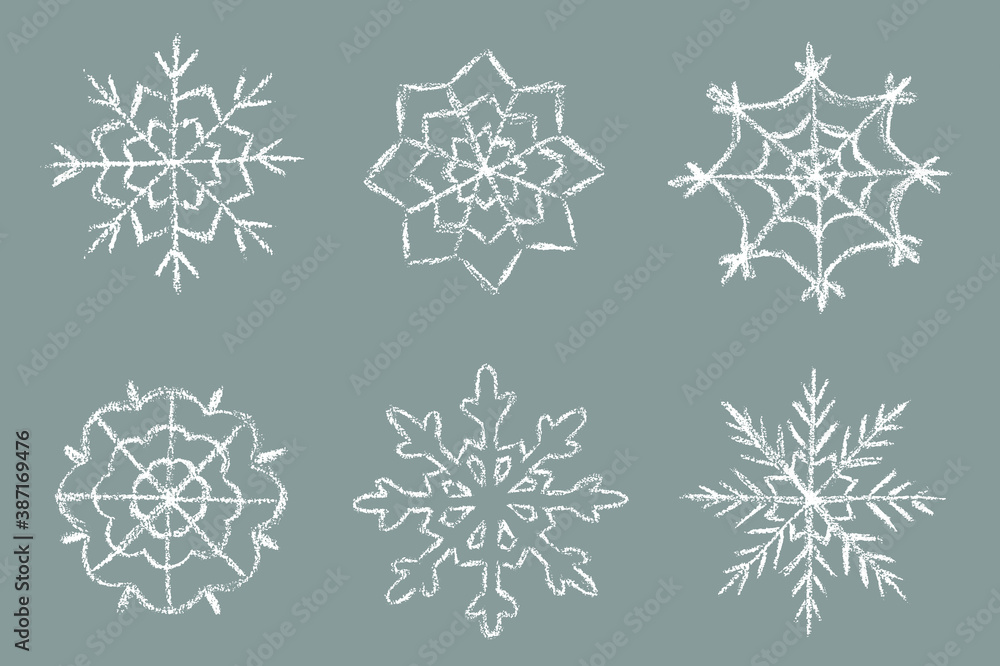 Crayon snowflakes colletion. Children drawing chalk style snowflake set ...