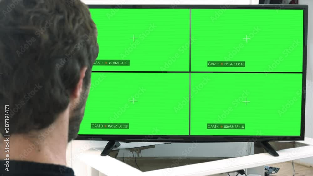 CCTV Cameras Green Screen Split Screen, Man Watching Monitor. Headshot ...