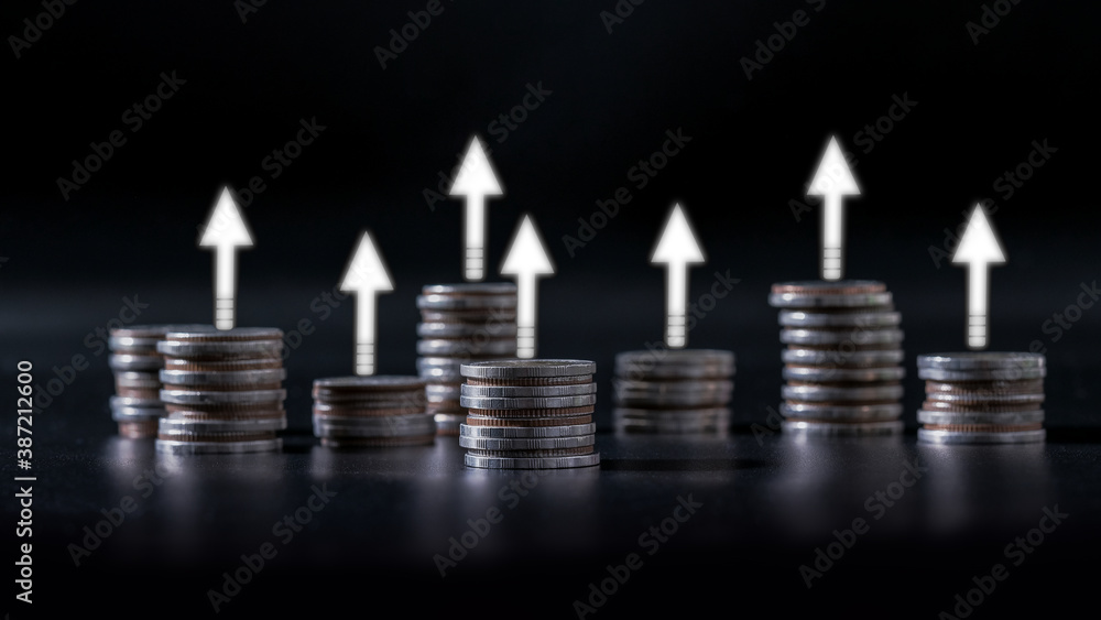 Stock market or forex trading graph, rows of coins for finance and ...