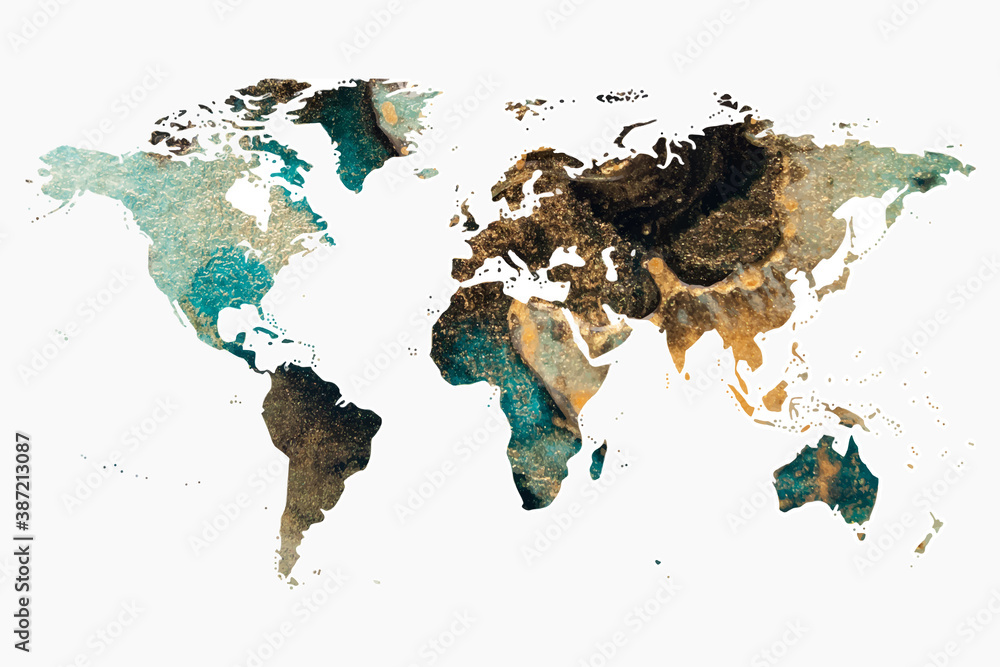 abstract colorful texture with gold. world map, silhouette of ...