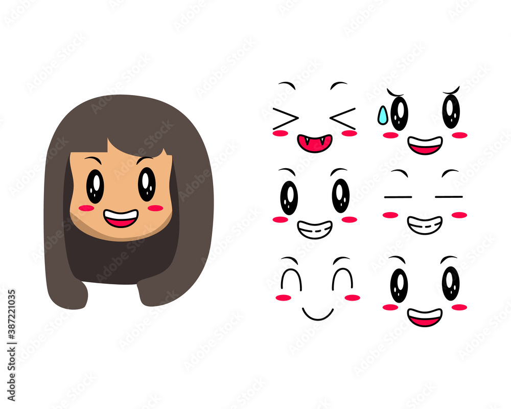 Head kid girl with set cute kawaii face design isolated on white ...