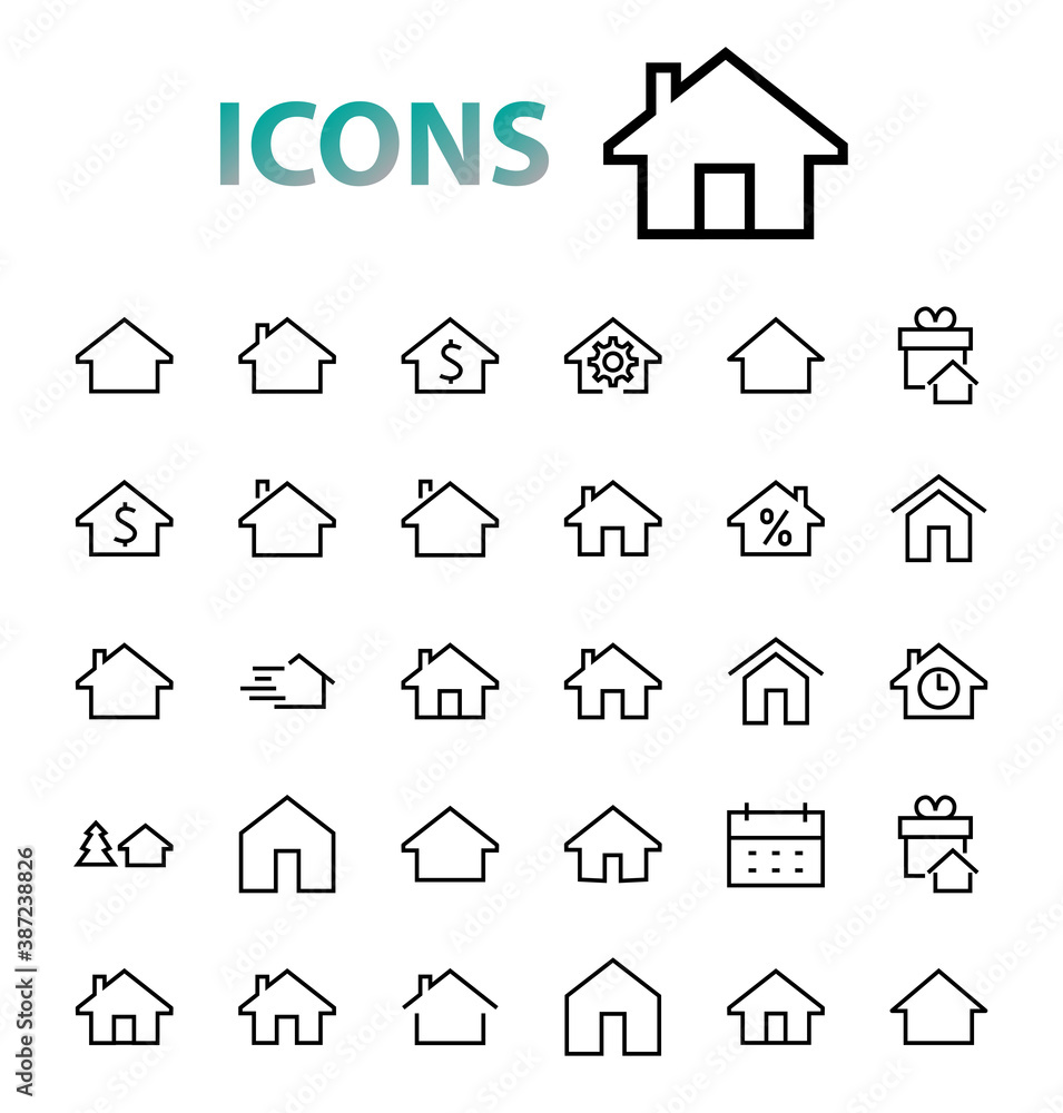 Simple set of line vector home icons. Contains house symbols at ...