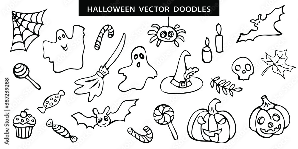 Halloween vector set with 21 hand drawn doodle elements - bat, pumpkin ...
