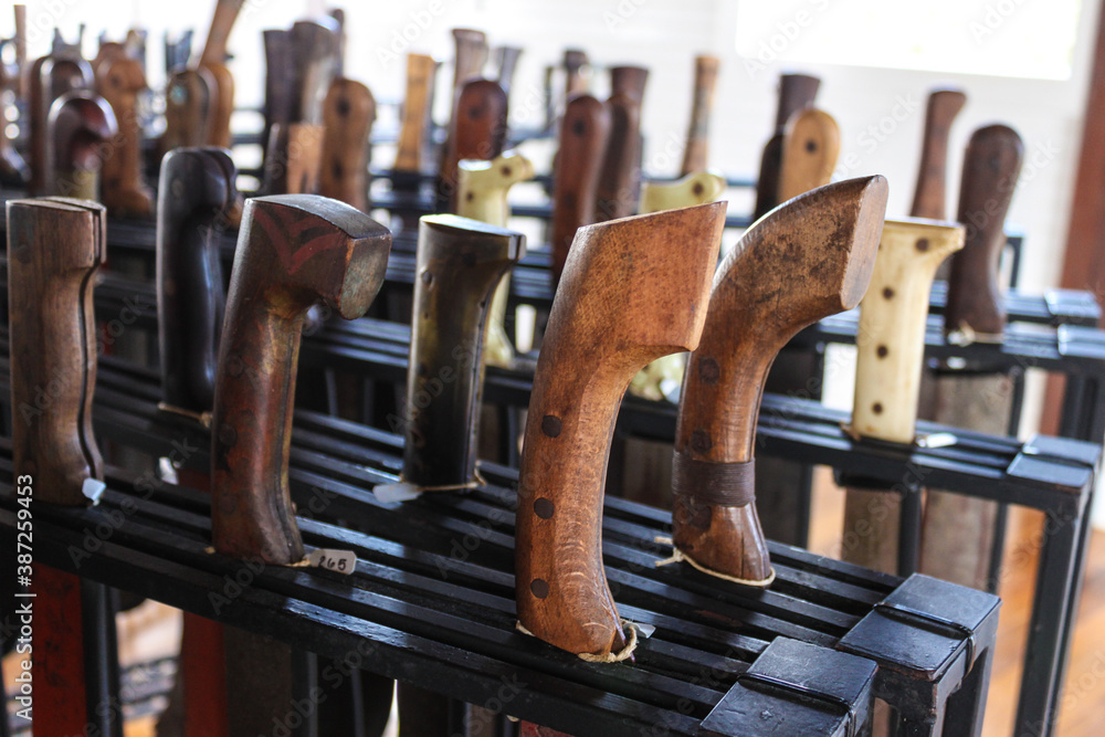 Various types of machete and their handles on display Stock Photo ...