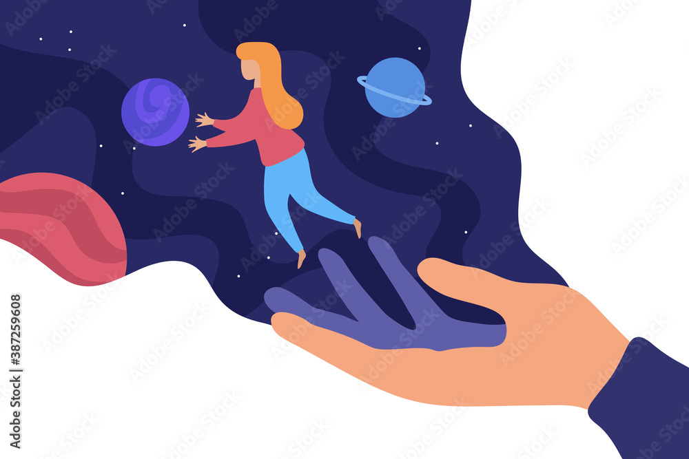 Girl explores space. Dream. Help and support. Concept. Space background ...