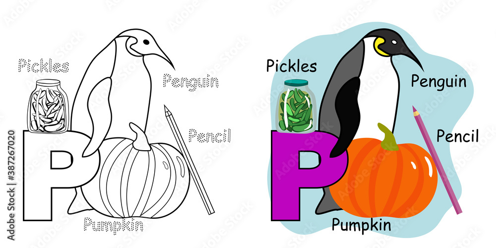 English alphabet coloring book page for children. Letter P is for ...