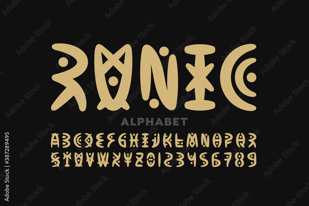 Runic style font design, alphabet letters and numbers vector ...