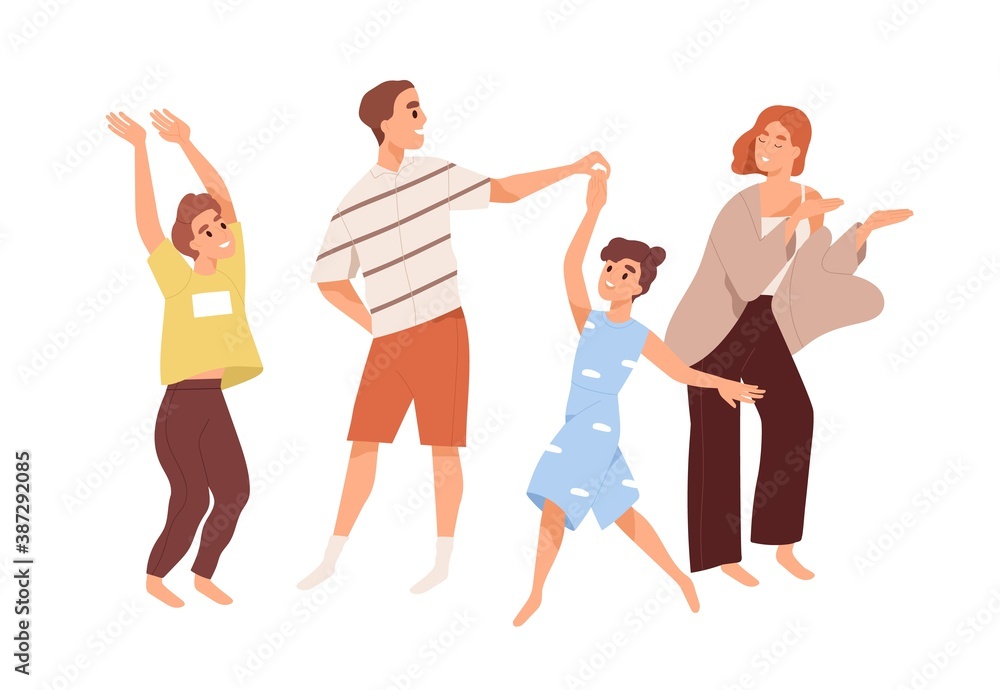 Cute happy family dancing. Joyful children and parents spend time ...