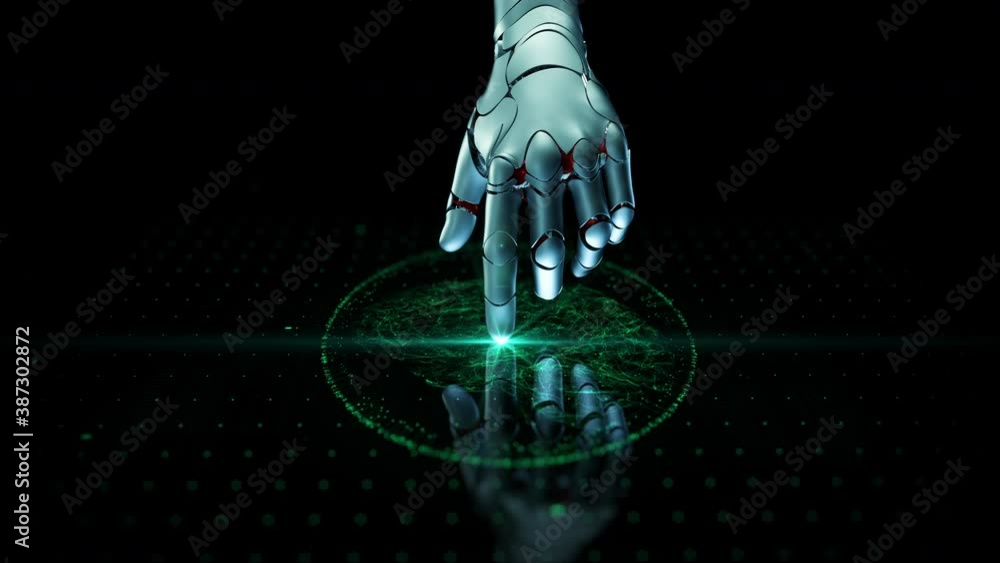 Close-up Artificial Intelligence Concept: Robot Arm Touch Screen Button ...