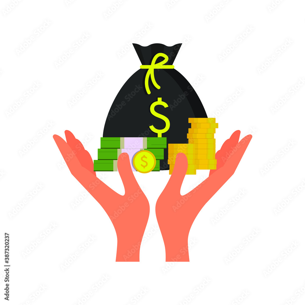 Money in hand. Two hands hold bills, coins, a bag with a dollar sign in ...