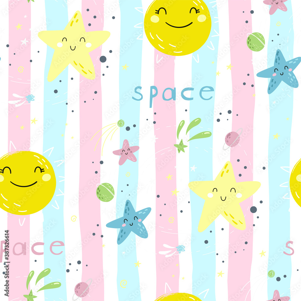Seamless childish pattern with Cute cartoon moon, stars, comets and ...