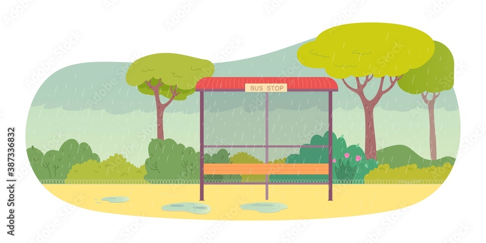 Empty bus stop in rainy weather background. Outdoor urban street in ...