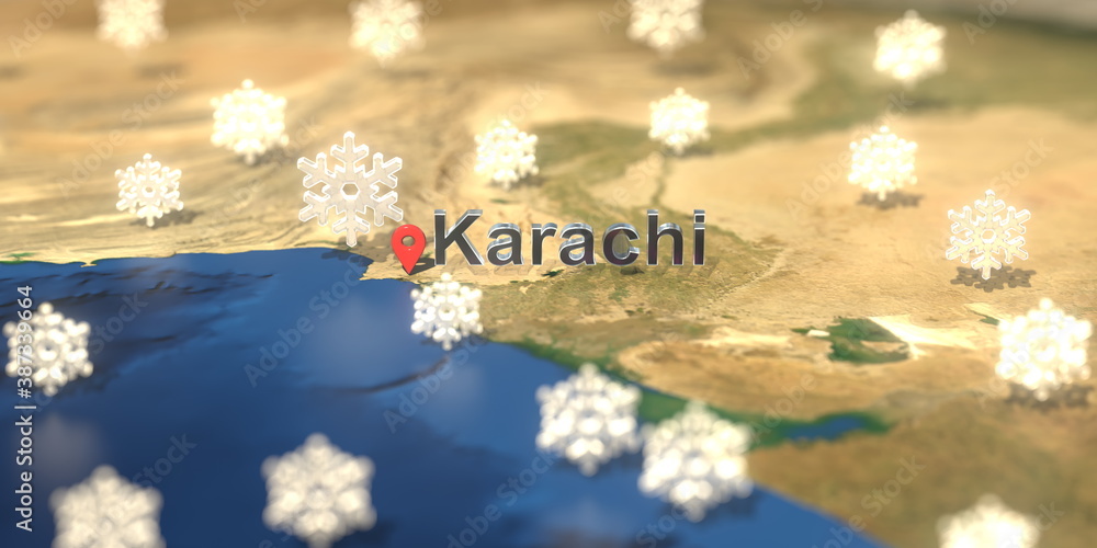 Snowy weather icons near Karachi city on the map, weather forecast ...