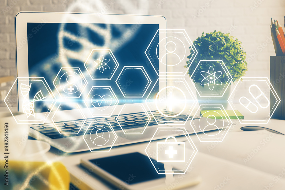 Desktop computer background and DNA drawing. Double exposure. Science ...