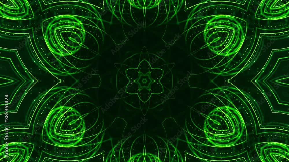 glow green particles form lines, surfaces, star pattern, kaleidoscope ...