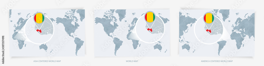 Three versions of the World Map with the enlarged map of Guinea with ...