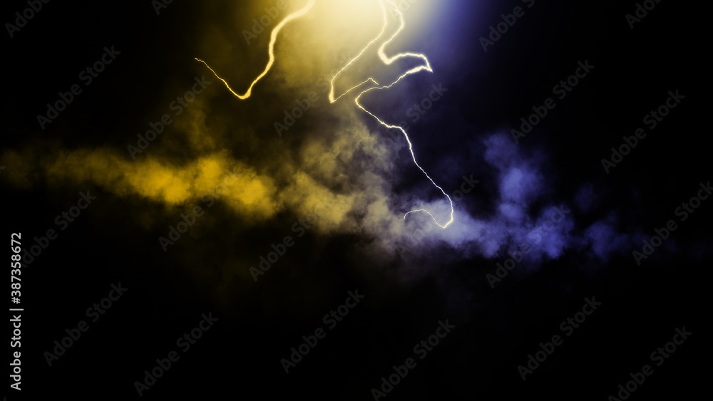 Abstract realistic nature yellow and blue lightning thunder background ...