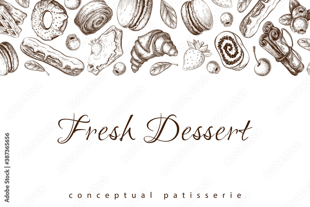 vector pastry sketch on white. Bakery horizontal banner, border with ...