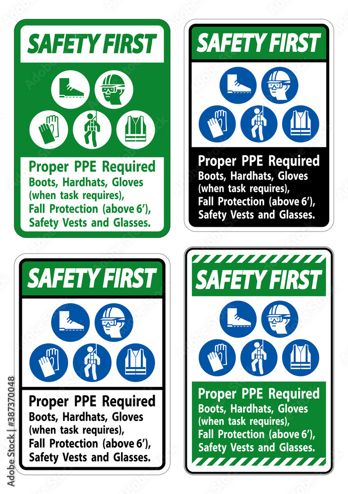 Safety First Sign Proper PPE Required Boots, Hardhats, Gloves When Task ...