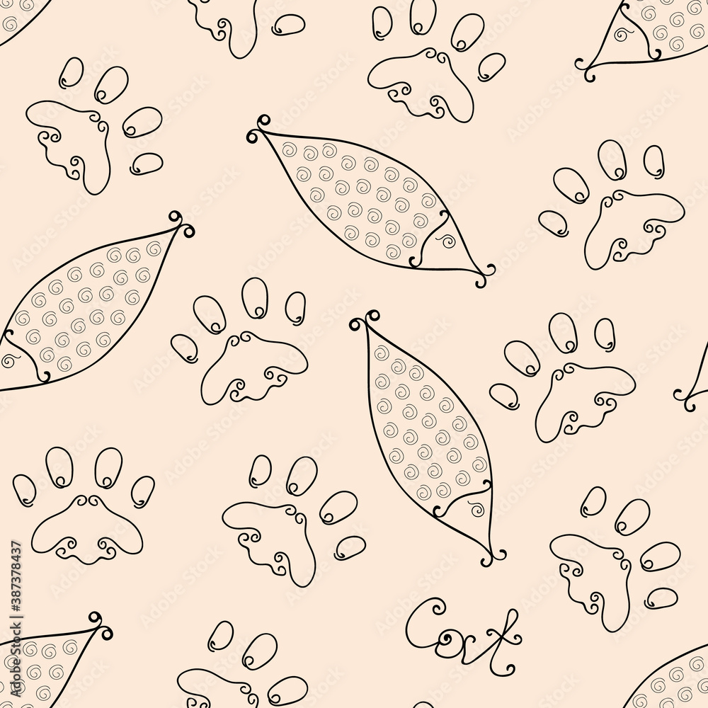 Seamless pattern of fish and cat paw tracks. Black contours on a beige ...