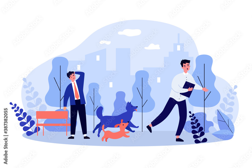 Man running away from dogs. Park, jogging. Flat vector illustration ...