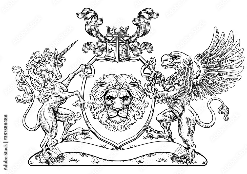 A crest coat of arms family shield seal featuring griffin, unicorn ...