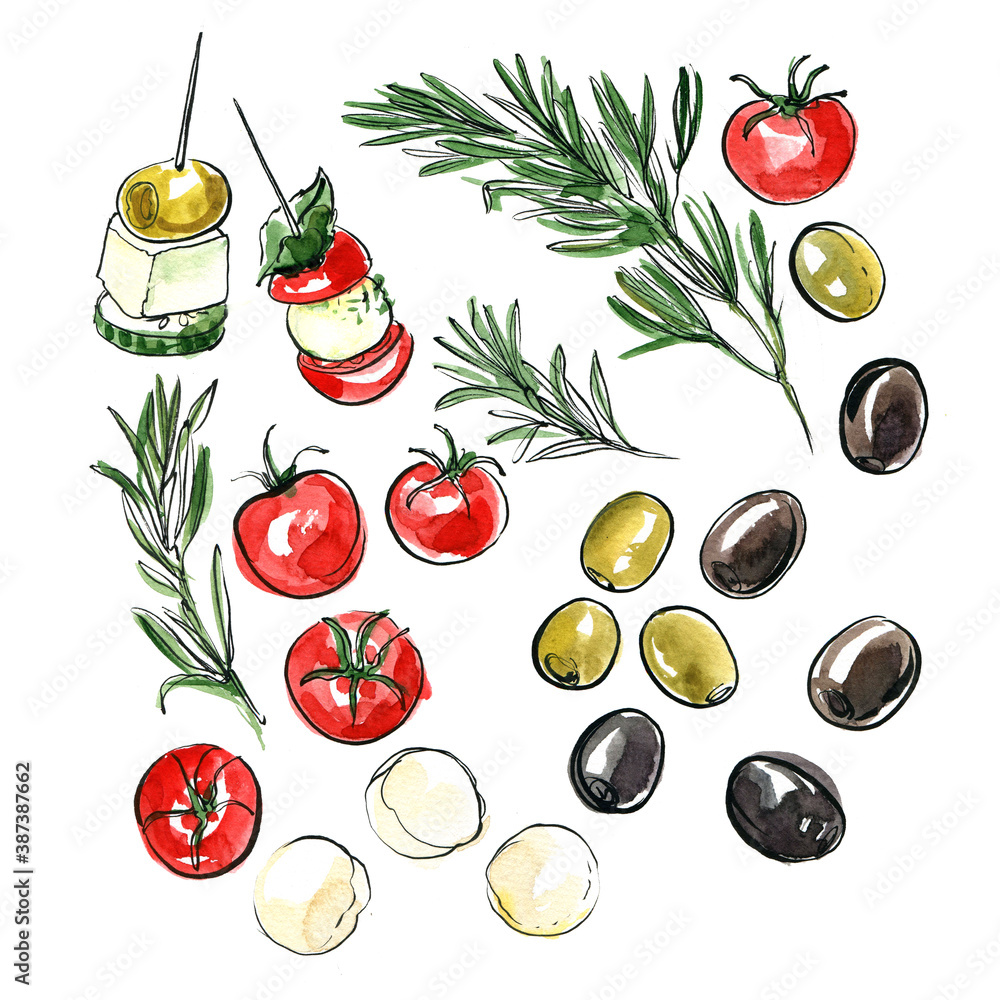 Italian food painted in watercolor on a white background. Color ink ...