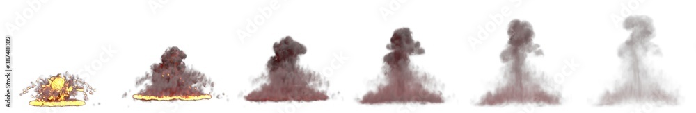 a lot images of large bomb explosion mushroom cloud with fire and fume ...