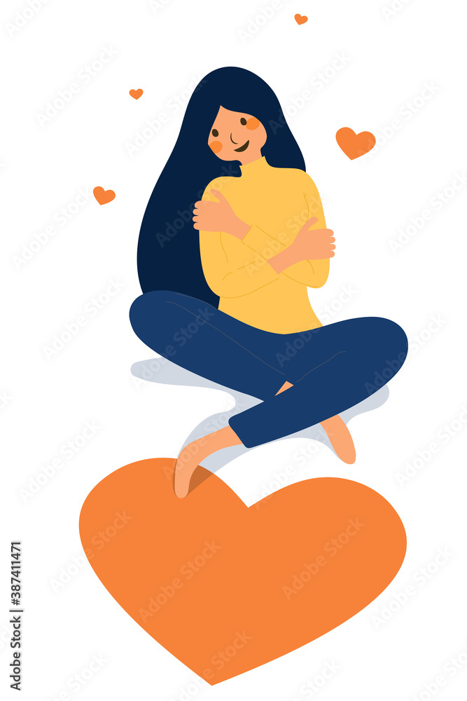 Young woman hugs herself with love and care. Girl long hair smiling and ...