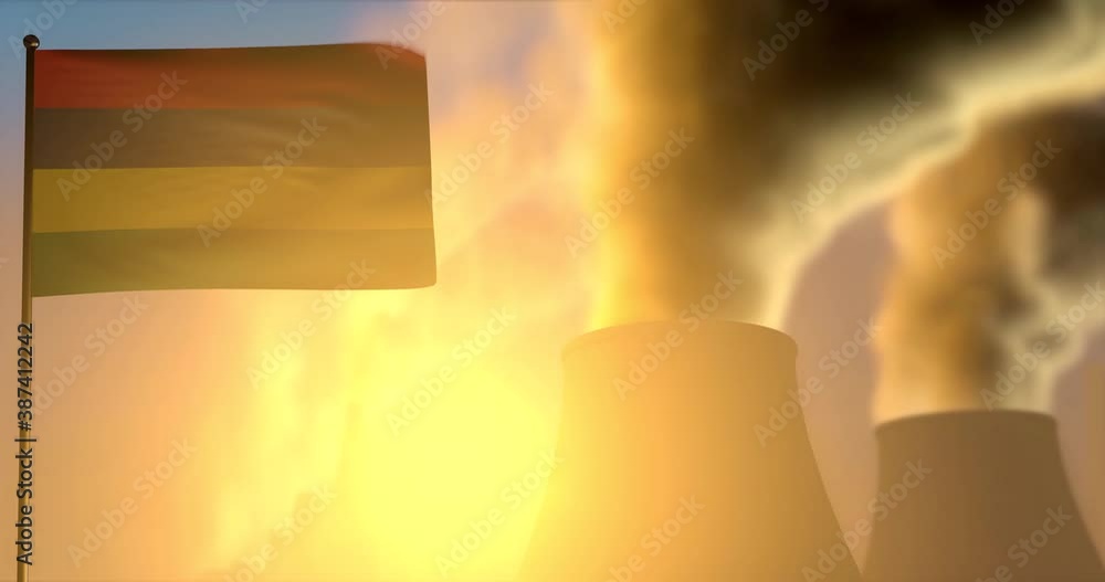 Mauritius flag wave on smoking factory pipes background on sunset ...