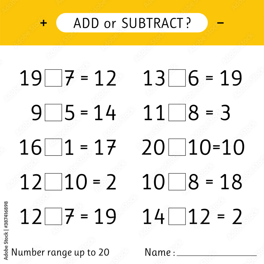 Add or subtract. Number range up to 20. Mathematical exercises ...