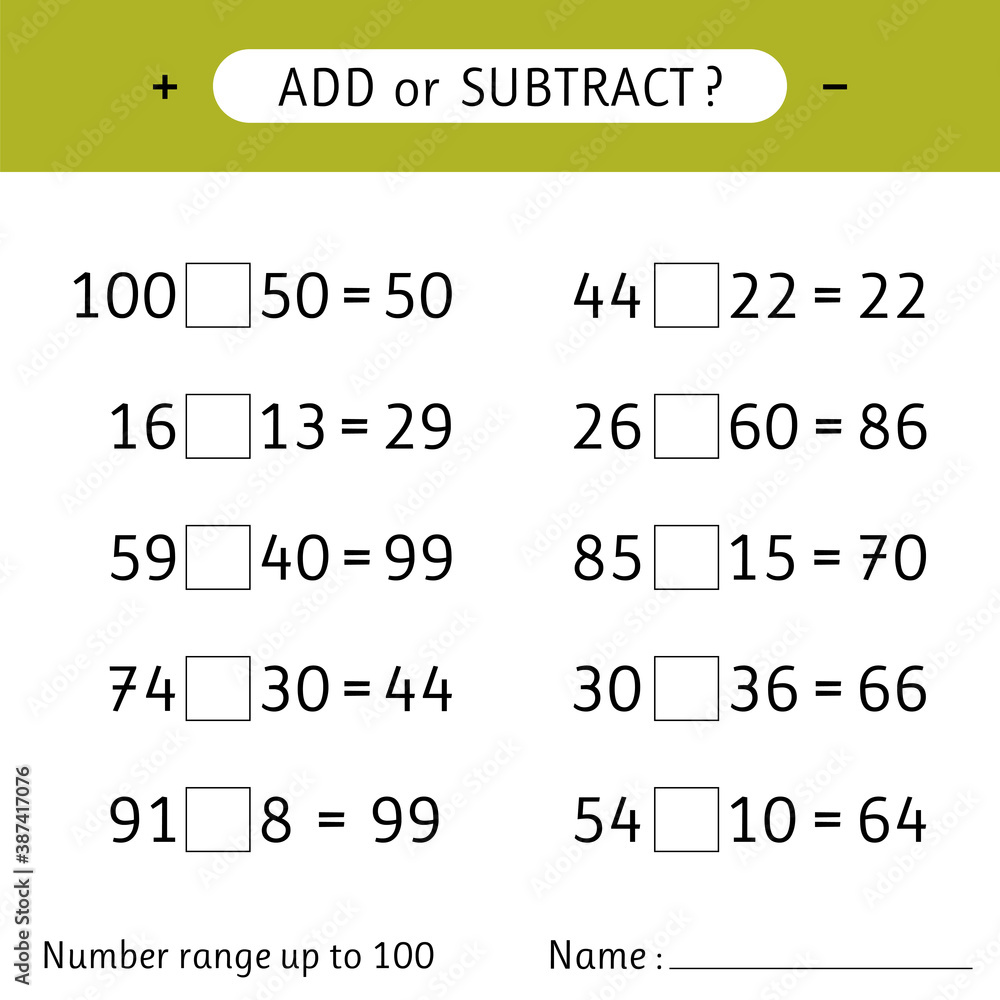 Add or subtract. Number range up to 100. Mathematical exercises ...