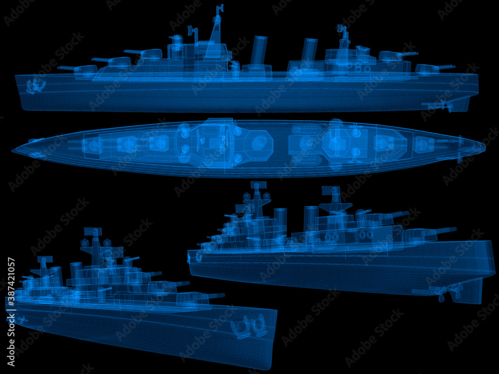 Military ship 3d wireframe with thin blue lines. Navy futuristic ...