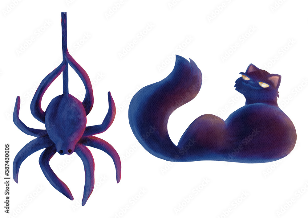 spider and black cat, Watercolor Halloween illustration with texture ...