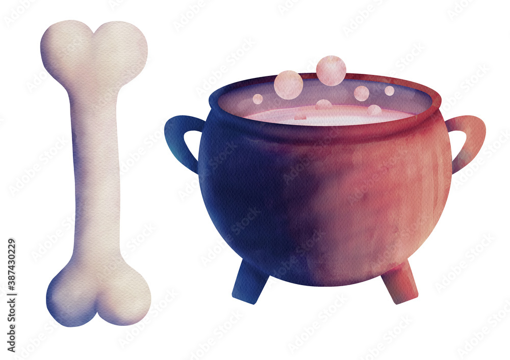Human bone and witch cauldron, Watercolor Halloween illustration with ...