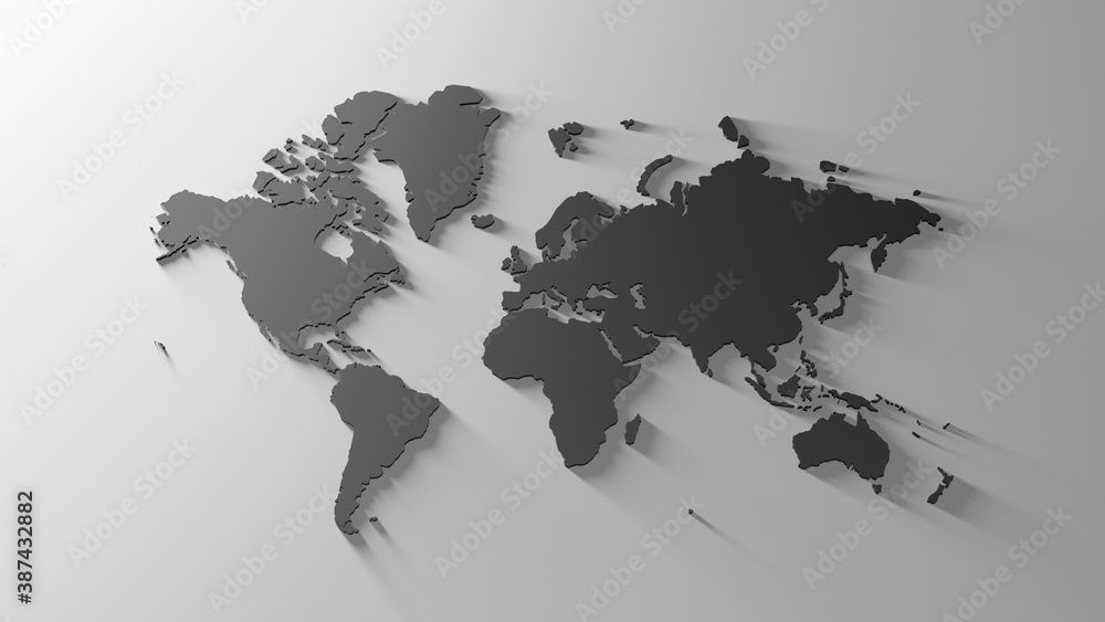 World map with drop shadows. Dark theme. 3d image Stock Illustration ...
