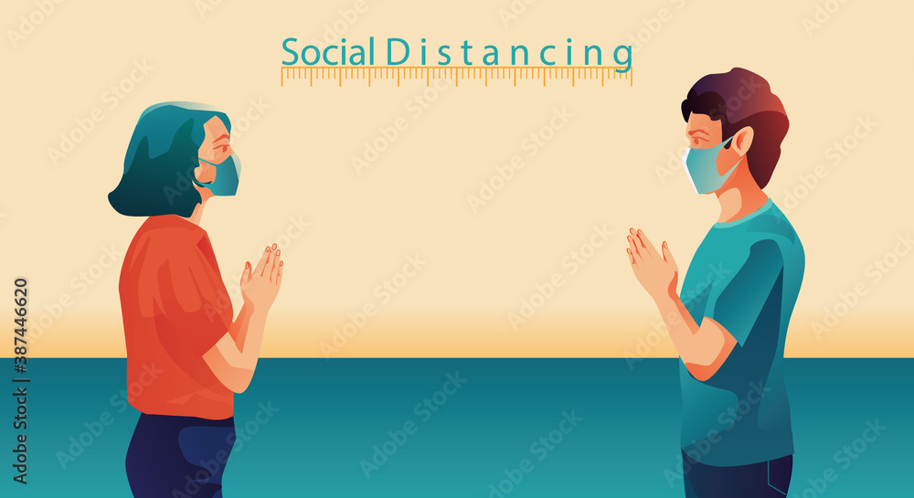 Grafika wektorowa Stock: Social distancing, people keep distance and ...