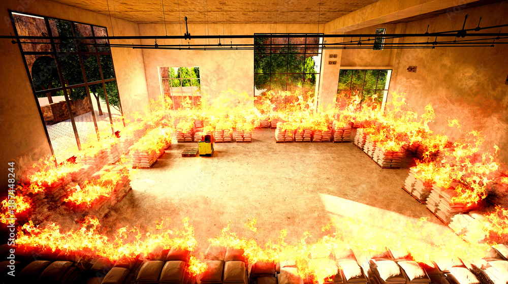 Warehouse, goods storage on fire, with bags and forklift, architecture ...