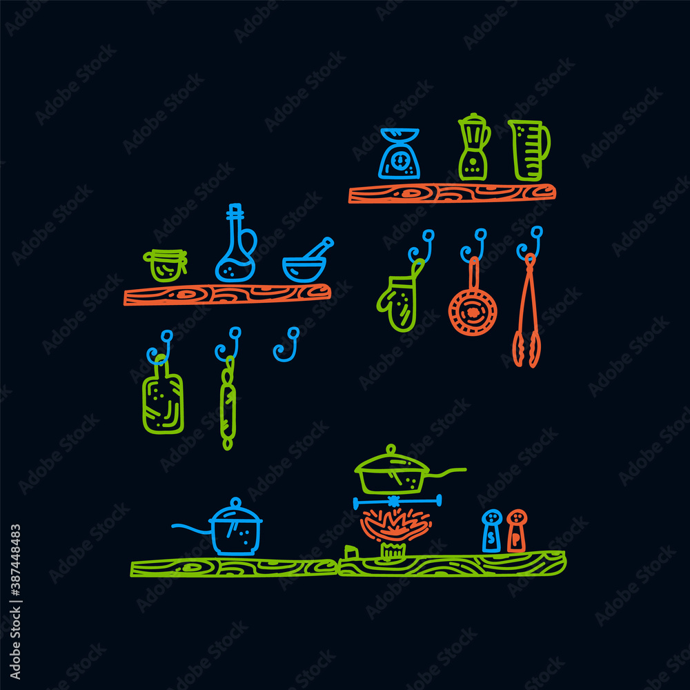 Cartoon multi-color set of Kitchen Doodle icons. Vector collection of ...