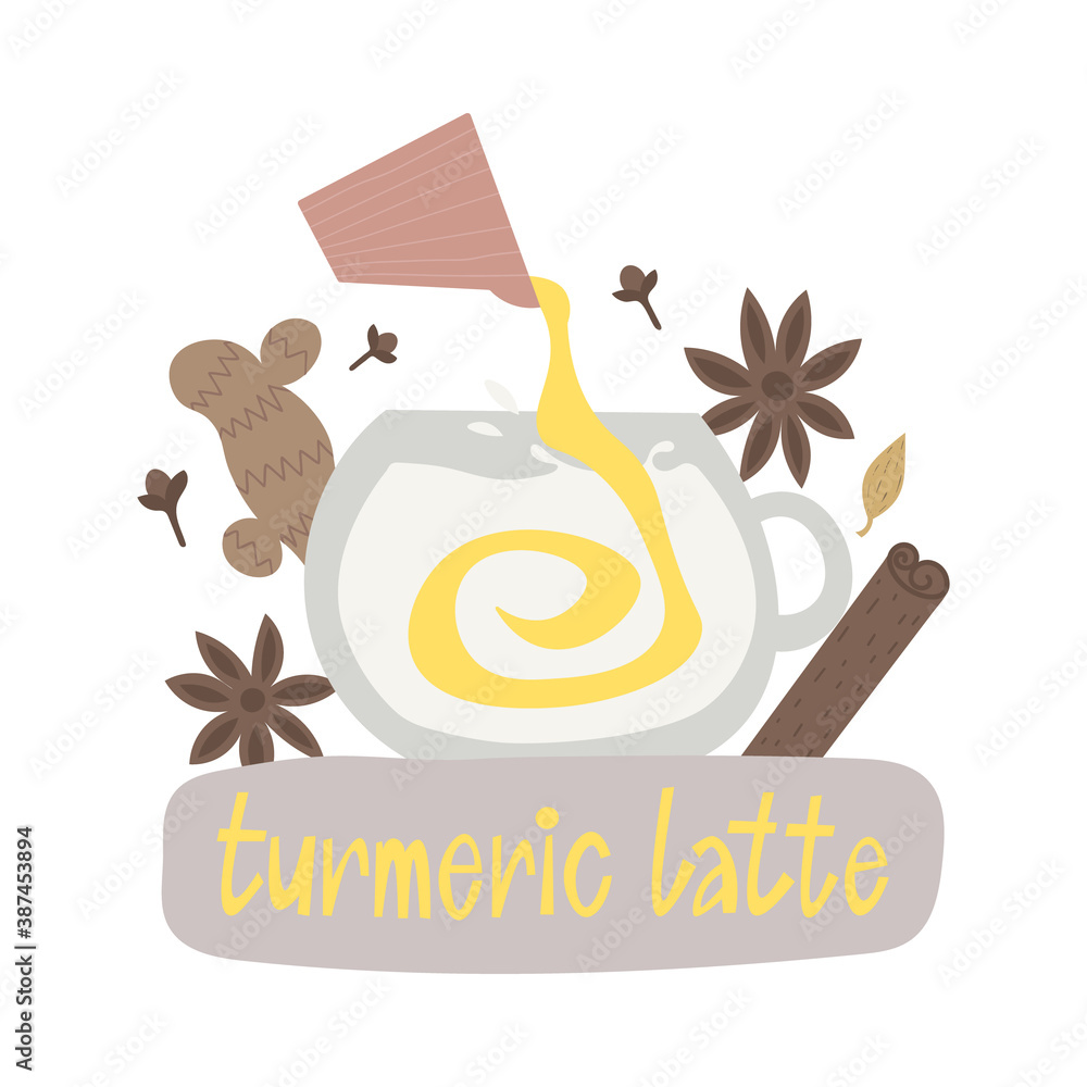 Turmeric latte splash. Curcuma spiced coffee mug. Hot golden milk ...