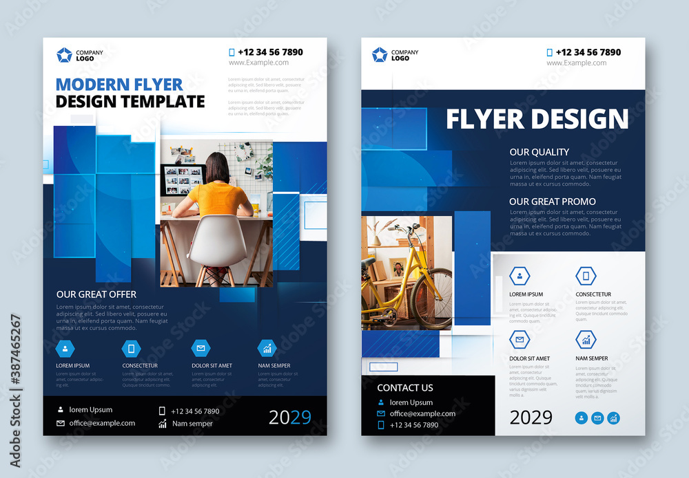 Flyer Layout with Blue Layered Rectangle Shapes Stock Template | Adobe ...