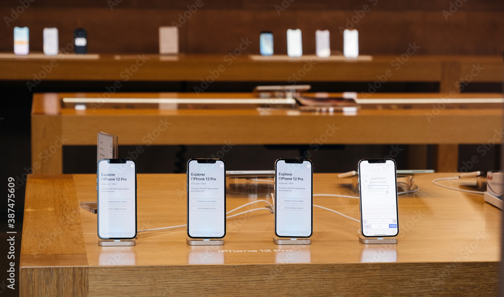 Paris, France - Oct 23, 2020: Wide image with all model of iPhone with ...