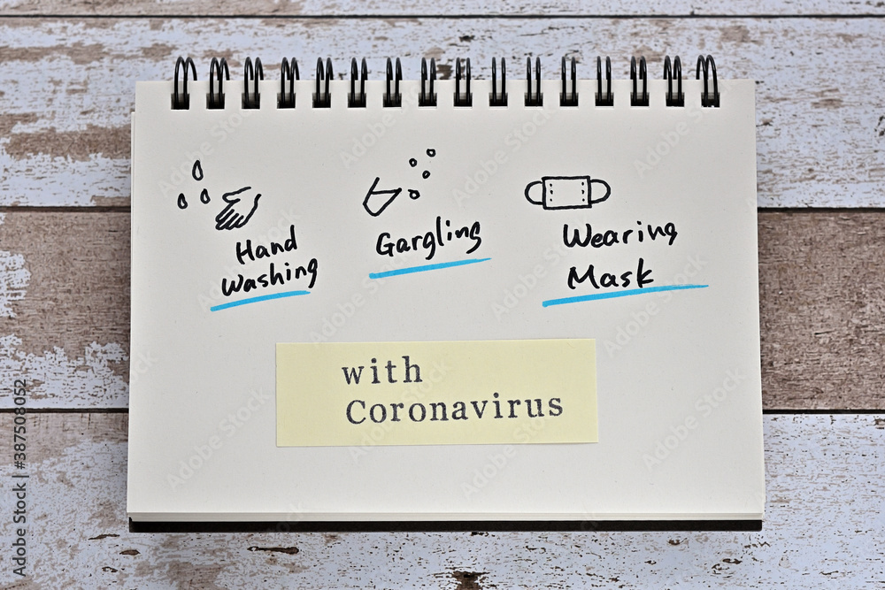 There is a sticky note with the words "with Coronavirus" on a notebook ...
