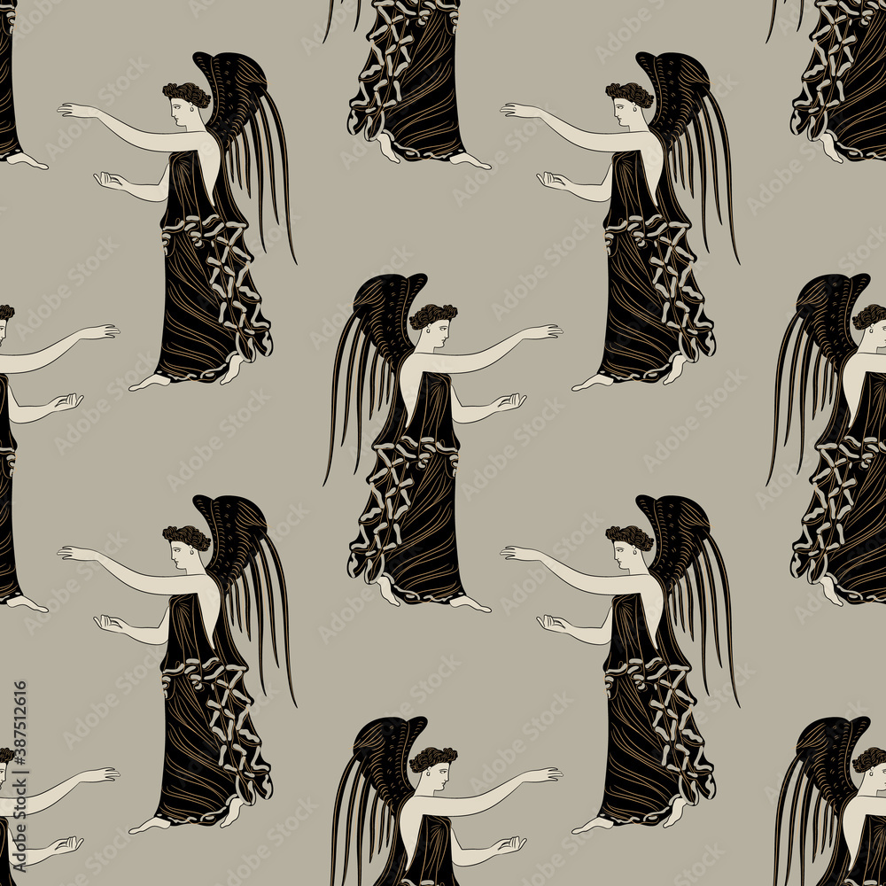 Seamless monochrome pattern with ancient Greek winged goddesses. Nike ...