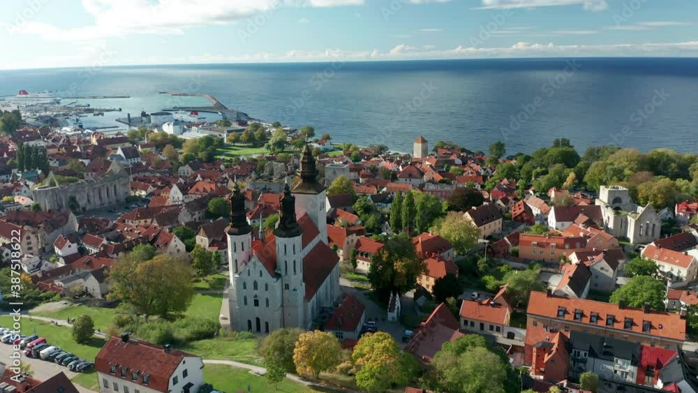 Visby, Gotland. Aerial drone footage flying over the town on the ...
