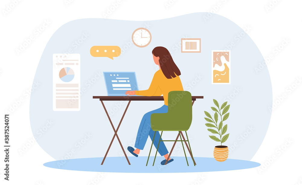 Telecommuting or remote work concept with a girl working on a laptop ...