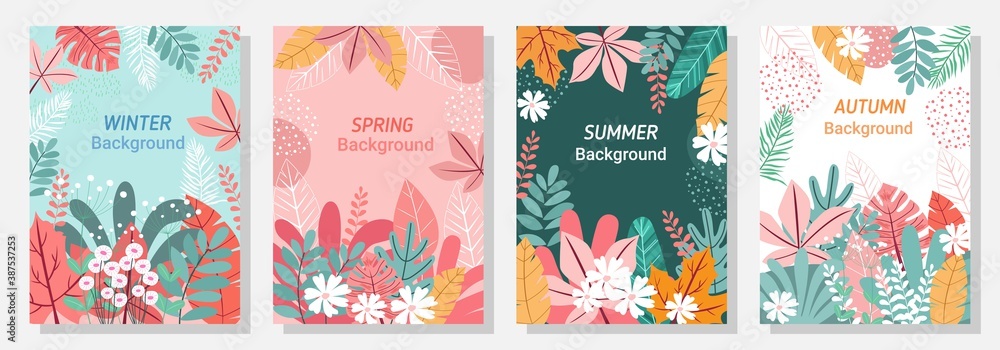 Vector set four seasons, winter, spring, summer, autumn, flowers and ...