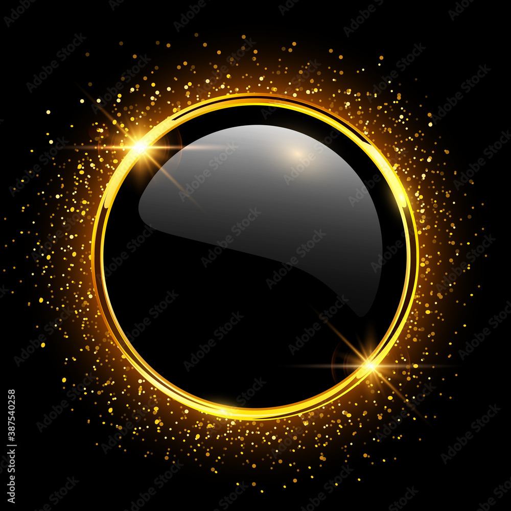 Golden sparkling button with glitter on black background. Vector luxury ...