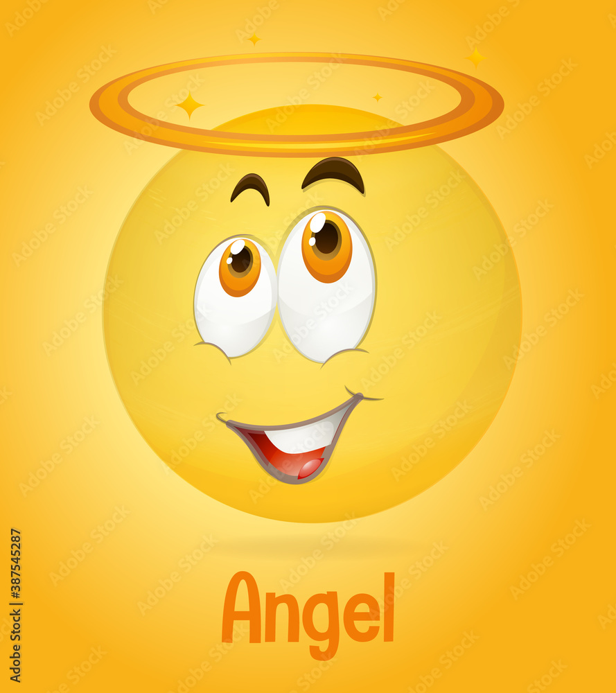 Angel face emoji with its description on yellow background Stock Vector ...
