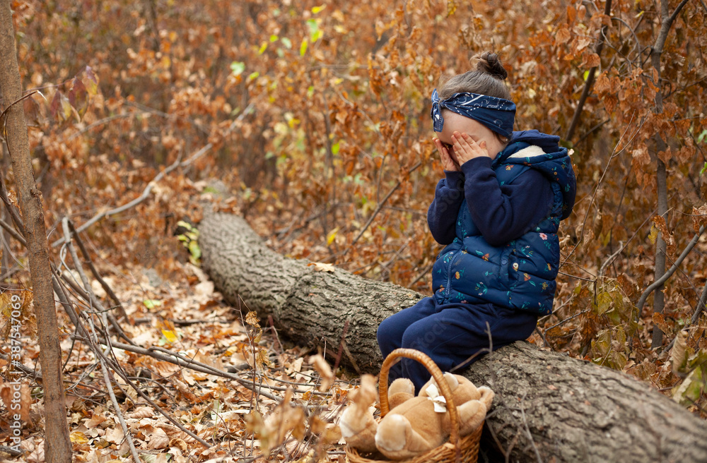 Little girl crying lost in the forest. Stock Photo | Adobe Stock